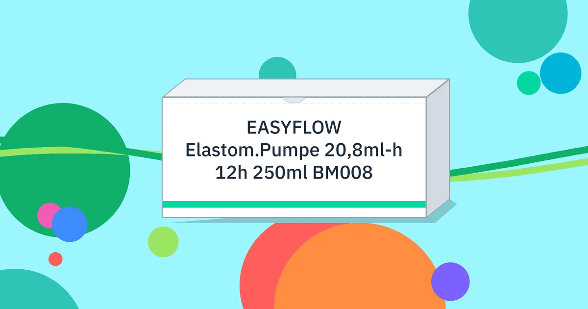 Symbolbild: Packung mit der Aufschrift EASYFLOW Elastom.Pumpe 20,8ml-h 12h 250ml BM008 (PZN 19789562) – Verfügbarkeit und Bezug in Apotheken in Frankfurt am Main