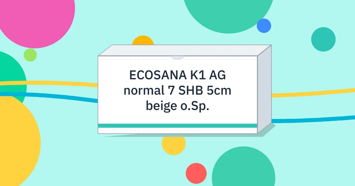 Symbolbild: Packung mit der Aufschrift ECOSANA K1 AG normal 7 SHB 5cm beige o.Sp. (PZN 04730600) – Verfügbarkeit und Bezug in Apotheken in Frankfurt am Main