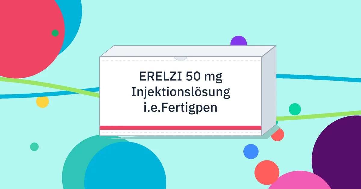 Symbolbild: Packung mit der Aufschrift ERELZI 50 mg Injektionslösung i.e.Fertigpen (PZN 13913073) – Verfügbarkeit und Bezug in Apotheken in Frankfurt am Main
