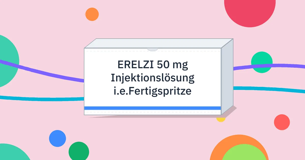 Symbolbild: Packung mit der Aufschrift ERELZI 50 mg Injektionslösung i.e.Fertigspritze (PZN 14163786) – Verfügbarkeit und Bezug in Apotheken in Frankfurt am Main