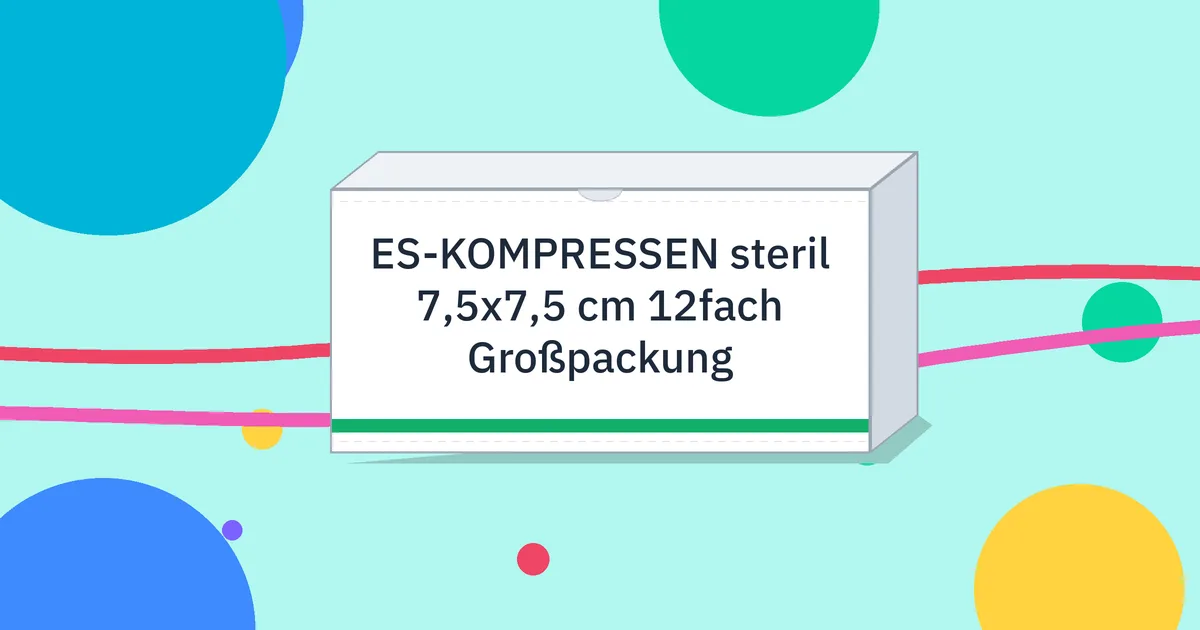 Symbolbild: Packung mit der Aufschrift ES-KOMPRESSEN steril 7,5x7,5 cm 12fach Großpackung (PZN 06454096) – Verfügbarkeit und Bezug in Apotheken in Frankfurt am Main