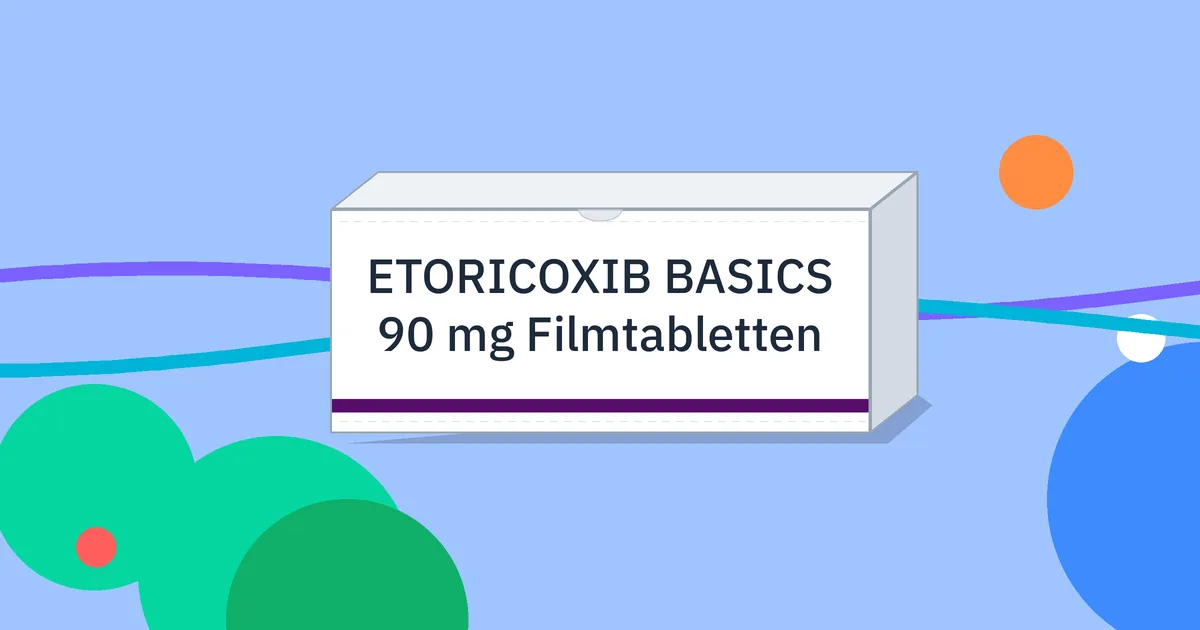 Symbolbild: Packung mit der Aufschrift ETORICOXIB BASICS 90 mg Filmtabletten (PZN 13153260) – Verfügbarkeit und Bezug in Apotheken in Frankfurt am Main