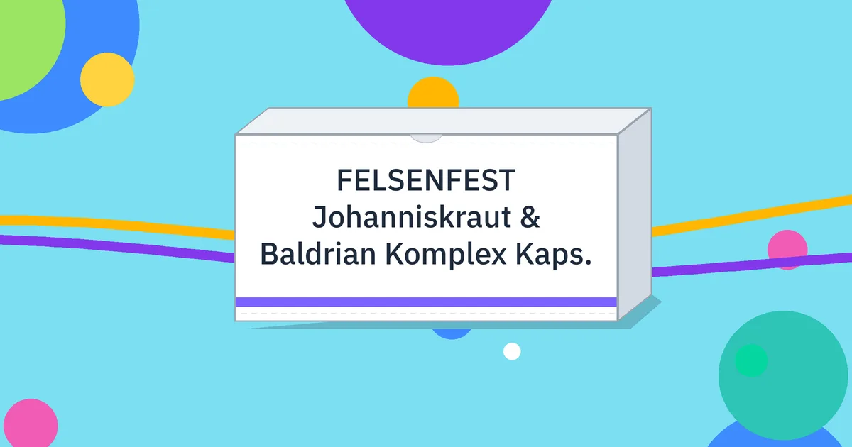 Symbolbild: Packung mit der Aufschrift FELSENFEST Johanniskraut & Baldrian Komplex Kaps. (PZN 19406704) – Verfügbarkeit und Bezug in Apotheken in Frankfurt am Main