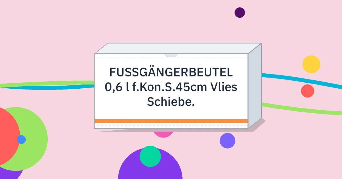 Symbolbild: Packung mit der Aufschrift FUSSGÄNGERBEUTEL 0,6 l f.Kon.S.45cm Vlies Schiebe. (PZN 06095852) – Verfügbarkeit und Bezug in Apotheken in Frankfurt am Main