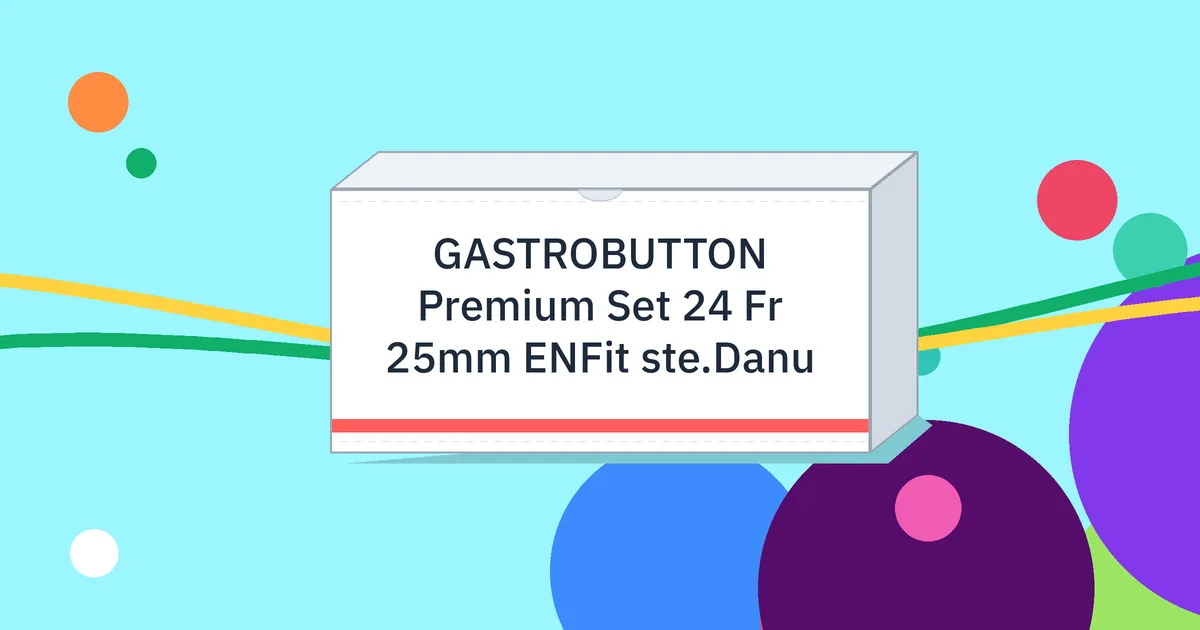 Symbolbild: Packung mit der Aufschrift GASTROBUTTON Premium Set 24 Fr 25mm ENFit ste.Danu (PZN 16884165) – Verfügbarkeit und Bezug in Apotheken in Frankfurt am Main