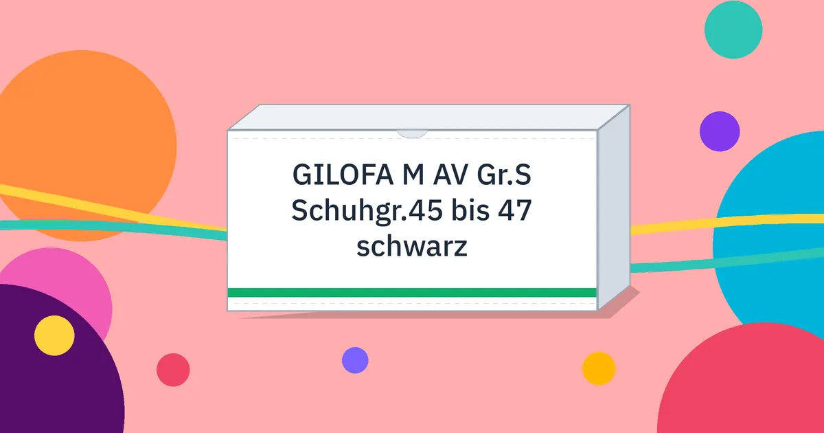 Symbolbild: Packung mit der Aufschrift GILOFA M AV Gr.S Schuhgr.45 bis 47 schwarz (PZN 16726207) – Verfügbarkeit und Bezug in Apotheken in Frankfurt am Main