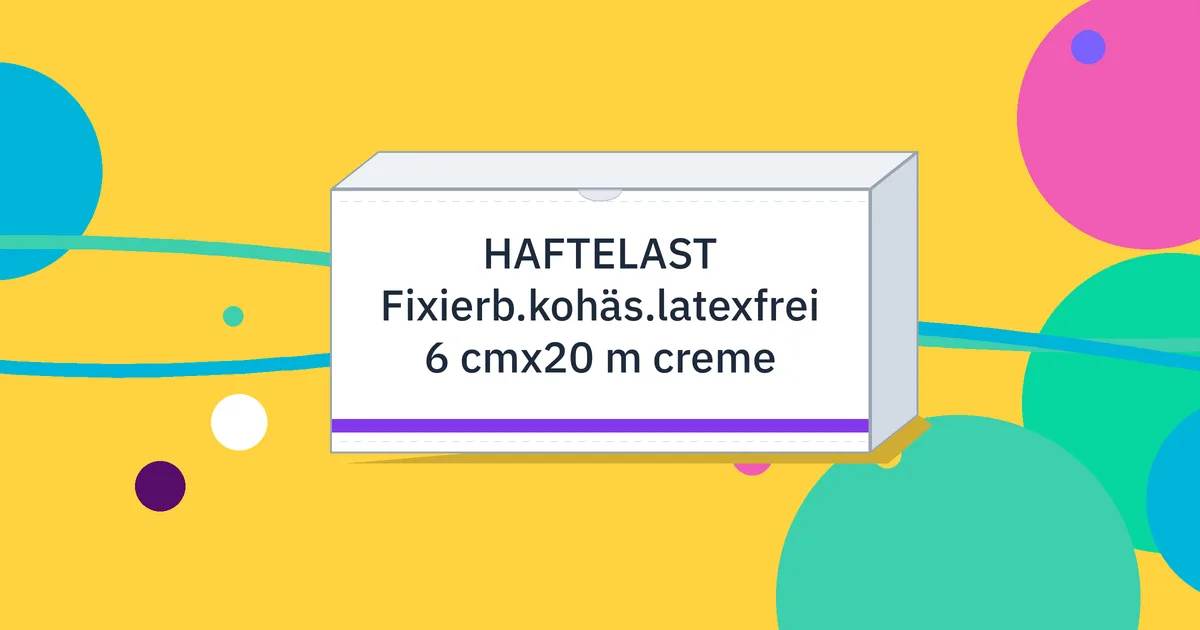 Symbolbild: Packung mit der Aufschrift HAFTELAST Fixierb.kohäs.latexfrei 6 cmx20 m creme (PZN 15998292) – Verfügbarkeit und Bezug in Apotheken in Frankfurt am Main