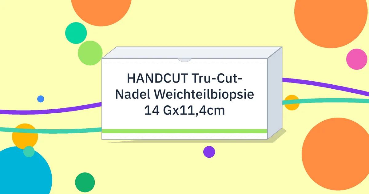 Symbolbild: Packung mit der Aufschrift HANDCUT Tru-Cut-Nadel Weichteilbiopsie 14 Gx11,4cm (PZN 19736318) – Verfügbarkeit und Bezug in Apotheken in Frankfurt am Main
