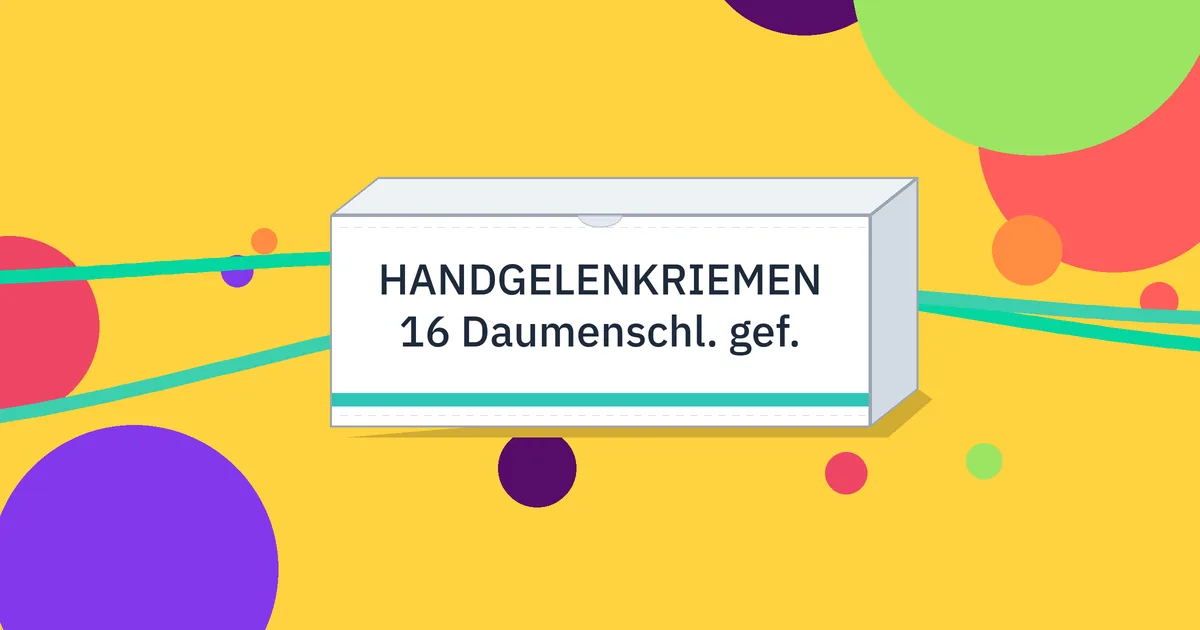 Symbolbild: Packung mit der Aufschrift HANDGELENKRIEMEN 16 Daumenschl. gef. (PZN 02387902) – Verfügbarkeit und Bezug in Apotheken in Frankfurt am Main