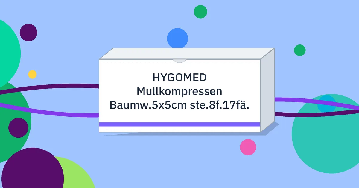 Symbolbild: Packung mit der Aufschrift HYGOMED Mullkompressen Baumw.5x5cm ste.8f.17fä. (PZN 20934963) – Verfügbarkeit und Bezug in Apotheken in Frankfurt am Main