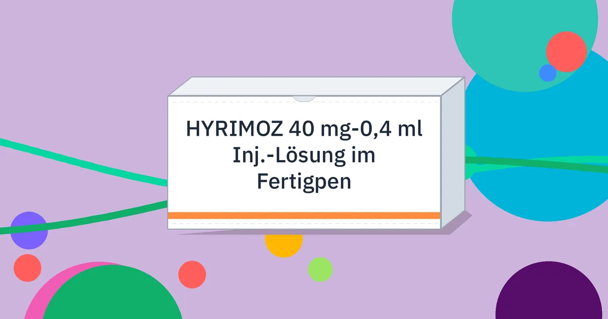 Symbolbild: Packung mit der Aufschrift HYRIMOZ 40 mg-0,4 ml Inj.-Lösung im Fertigpen (PZN 19358968) – Verfügbarkeit und Bezug in Apotheken in Frankfurt am Main
