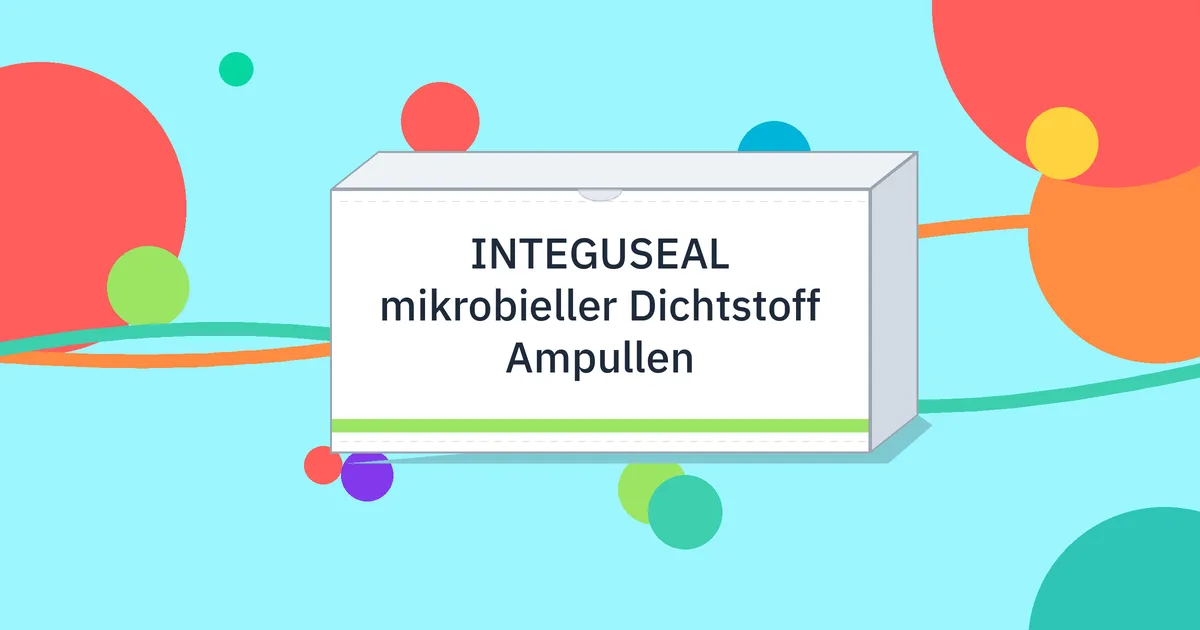 Symbolbild: Packung mit der Aufschrift INTEGUSEAL mikrobieller Dichtstoff Ampullen (PZN 18854033) – Verfügbarkeit und Bezug in Apotheken in Frankfurt am Main