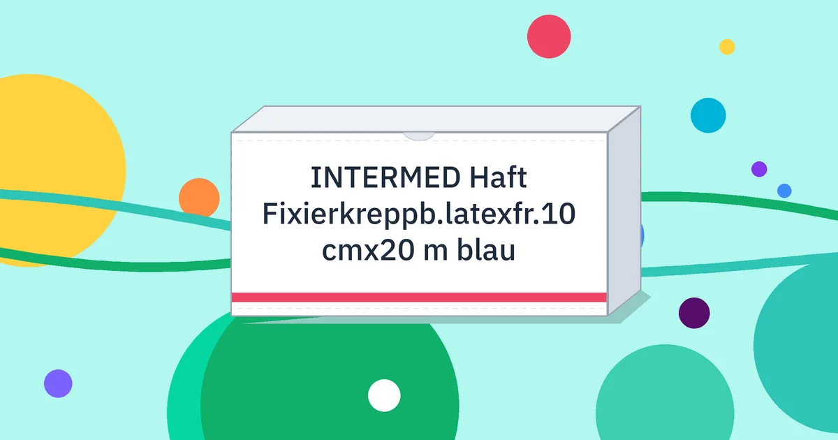 Symbolbild: Packung mit der Aufschrift INTERMED Haft Fixierkreppb.latexfr.10 cmx20 m blau (PZN 10944452) – Verfügbarkeit und Bezug in Apotheken in Frankfurt am Main