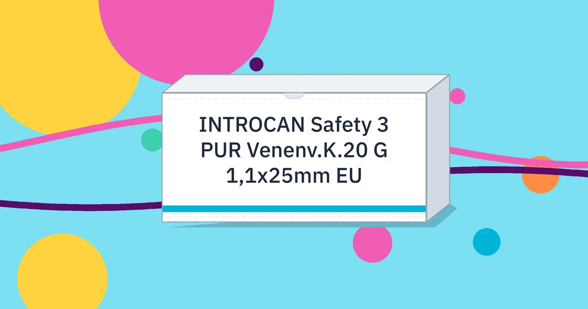 Symbolbild: Packung mit der Aufschrift INTROCAN Safety 3 PUR Venenv.K.20 G 1,1x25mm EU (PZN 11868718) – Verfügbarkeit und Bezug in Apotheken in Frankfurt am Main