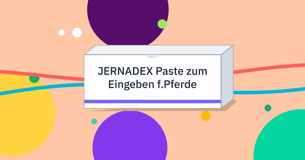Symbolbild: Packung mit der Aufschrift JERNADEX Paste zum Eingeben f.Pferde (PZN 01658121) – Verfügbarkeit und Bezug in Apotheken in Frankfurt am Main