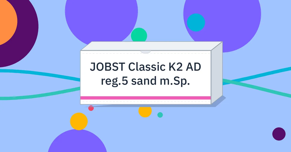 Symbolbild: Packung mit der Aufschrift JOBST Classic K2 AD reg.5 sand m.Sp. (PZN 11269426) – Verfügbarkeit und Bezug in Apotheken in Frankfurt am Main