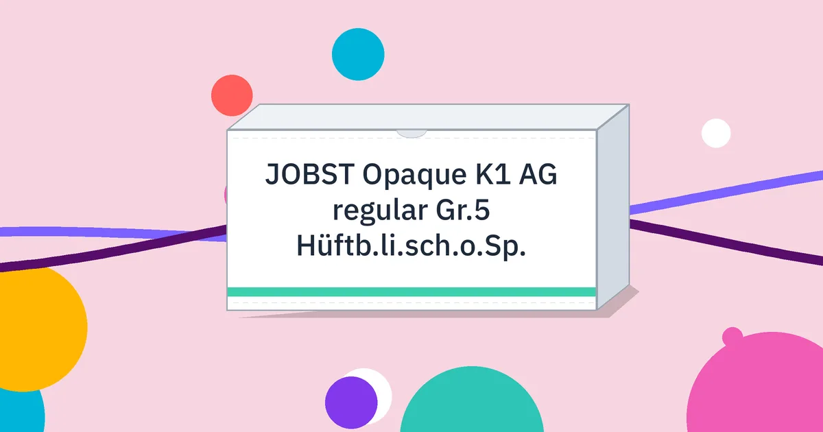 Symbolbild: Packung mit der Aufschrift JOBST Opaque K1 AG regular Gr.5 Hüftb.li.sch.o.Sp. (PZN 13100306) – Verfügbarkeit und Bezug in Apotheken in Frankfurt am Main