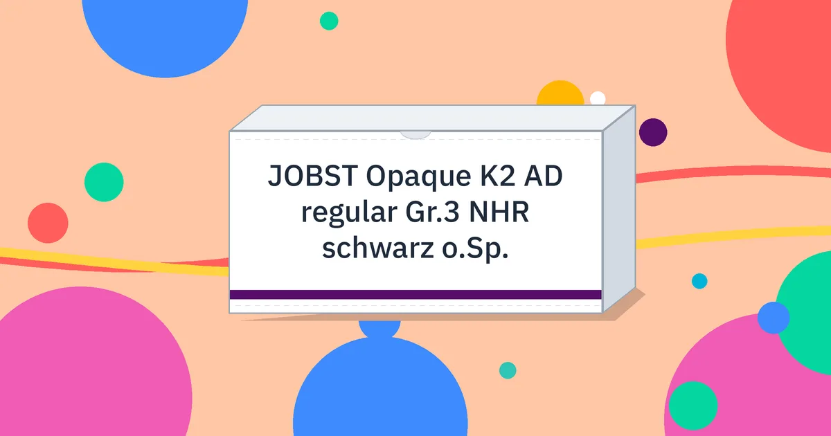 Symbolbild: Packung mit der Aufschrift JOBST Opaque K2 AD regular Gr.3 NHR schwarz o.Sp. (PZN 13111534) – Verfügbarkeit und Bezug in Apotheken in Frankfurt am Main