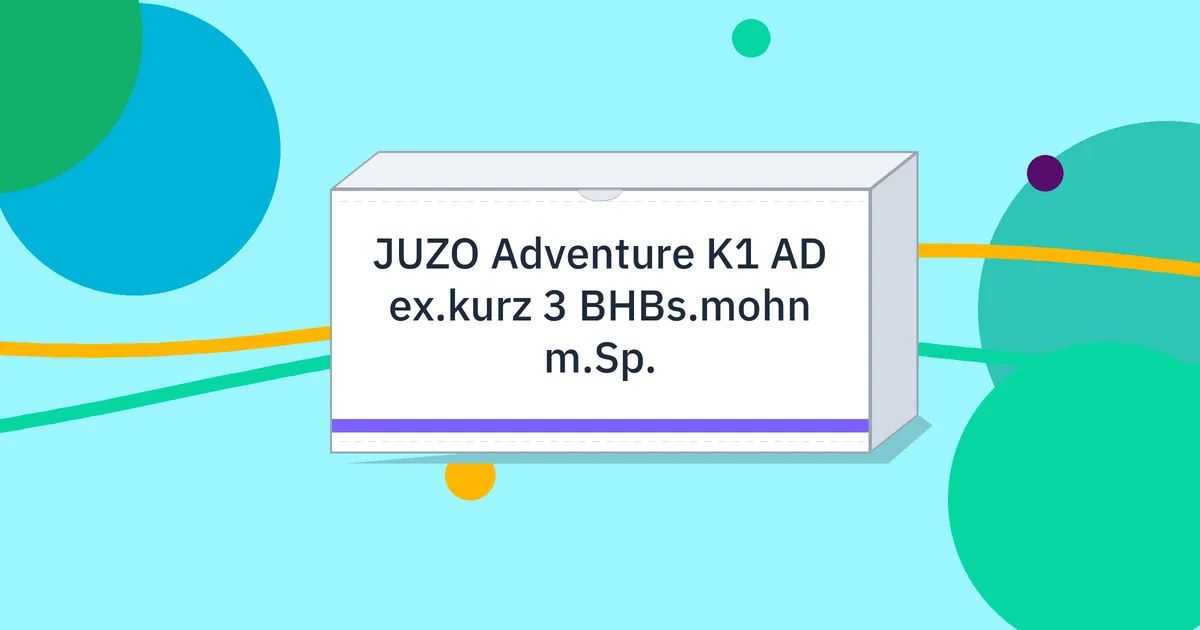 Symbolbild: Packung mit der Aufschrift JUZO Adventure K1 AD ex.kurz 3 BHBs.mohn m.Sp. (PZN 15496745) – Verfügbarkeit und Bezug in Apotheken in Frankfurt am Main