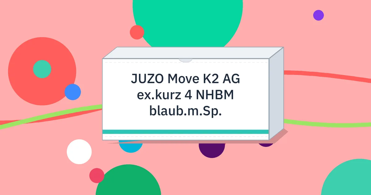 Symbolbild: Packung mit der Aufschrift JUZO Move K2 AG ex.kurz 4 NHBM blaub.m.Sp. (PZN 18562796) – Verfügbarkeit und Bezug in Apotheken in Frankfurt am Main