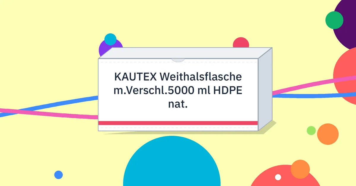 Symbolbild: Packung mit der Aufschrift KAUTEX Weithalsflasche m.Verschl.5000 ml HDPE nat. (PZN 18187973) – Verfügbarkeit und Bezug in Apotheken in Frankfurt am Main