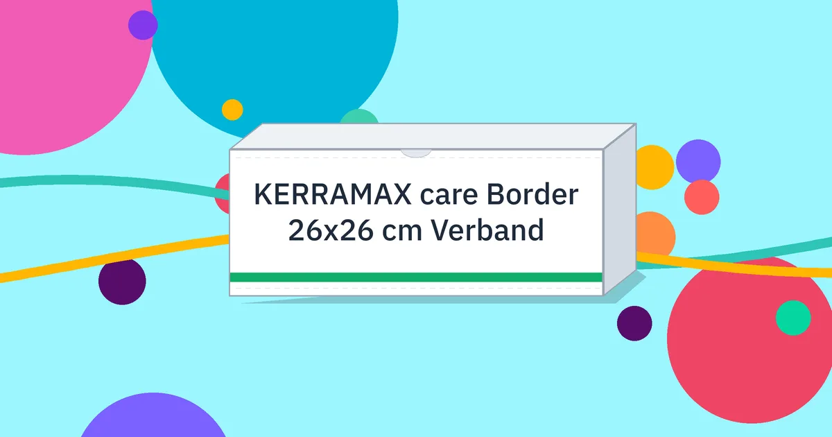 Symbolbild: Packung mit der Aufschrift KERRAMAX care Border 26x26 cm Verband (PZN 20327884) – Verfügbarkeit und Bezug in Apotheken in Frankfurt am Main