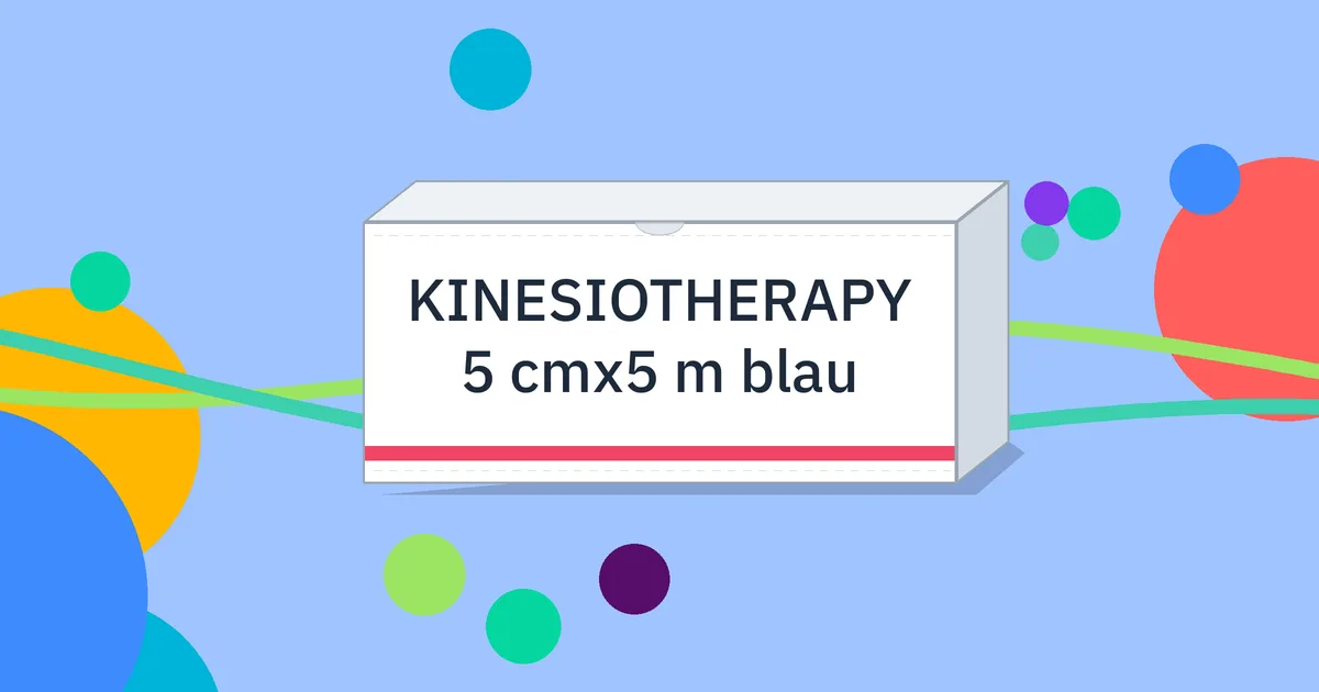 Symbolbild: Packung mit der Aufschrift KINESIOTHERAPY 5 cmx5 m blau (PZN 16501046) – Verfügbarkeit und Bezug in Apotheken in Frankfurt am Main