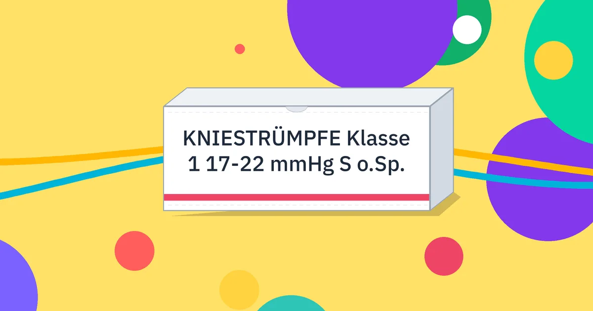 Symbolbild: Packung mit der Aufschrift KNIESTRÜMPFE Klasse 1 17-22 mmHg S o.Sp. (PZN 19072367) – Verfügbarkeit und Bezug in Apotheken in Frankfurt am Main