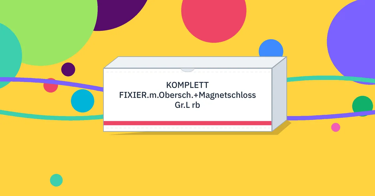 Symbolbild: Packung mit der Aufschrift KOMPLETT FIXIER.m.Obersch.+Magnetschloss Gr.L rb (PZN 11573762) – Verfügbarkeit und Bezug in Apotheken in Frankfurt am Main