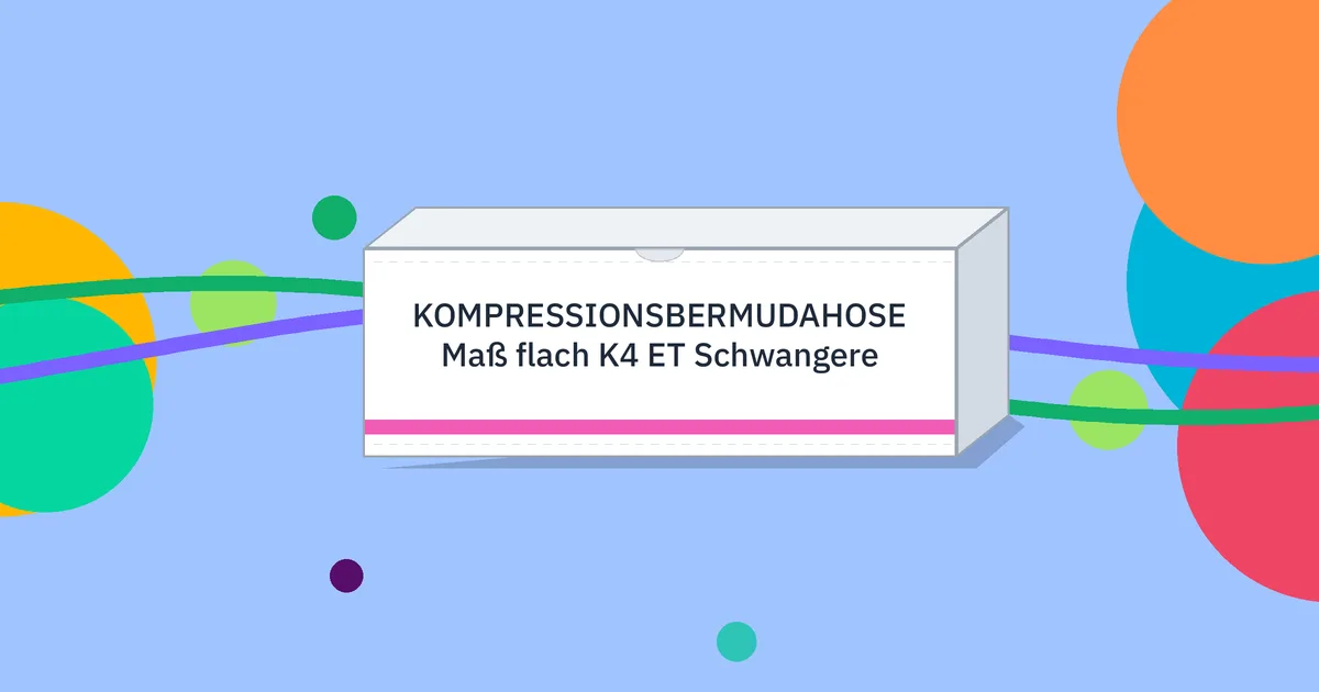 Symbolbild: Packung mit der Aufschrift KOMPRESSIONSBERMUDAHOSE Maß flach K4 ET Schwangere (PZN 16745972) – Verfügbarkeit und Bezug in Apotheken in Frankfurt am Main