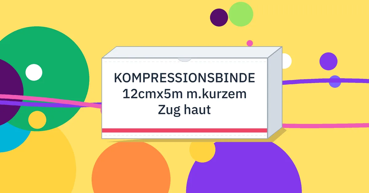Symbolbild: Packung mit der Aufschrift KOMPRESSIONSBINDE 12cmx5m m.kurzem Zug haut (PZN 04793084) – Verfügbarkeit und Bezug in Apotheken in Frankfurt am Main