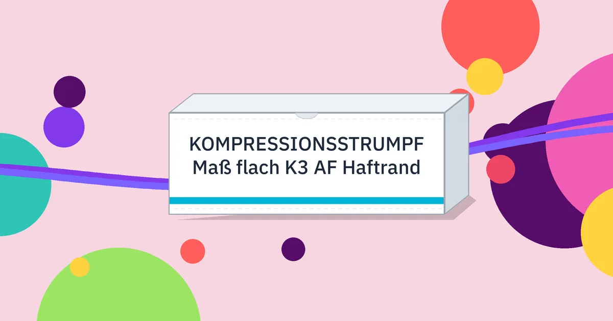 Symbolbild: Packung mit der Aufschrift KOMPRESSIONSSTRUMPF Maß flach K3 AF Haftrand (PZN 16745297) – Verfügbarkeit und Bezug in Apotheken in Frankfurt am Main