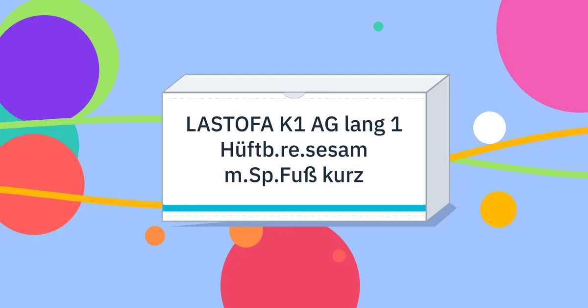 Symbolbild: Packung mit der Aufschrift LASTOFA K1 AG lang 1 Hüftb.re.sesam m.Sp.Fuß kurz (PZN 13797394) – Verfügbarkeit und Bezug in Apotheken in Frankfurt am Main