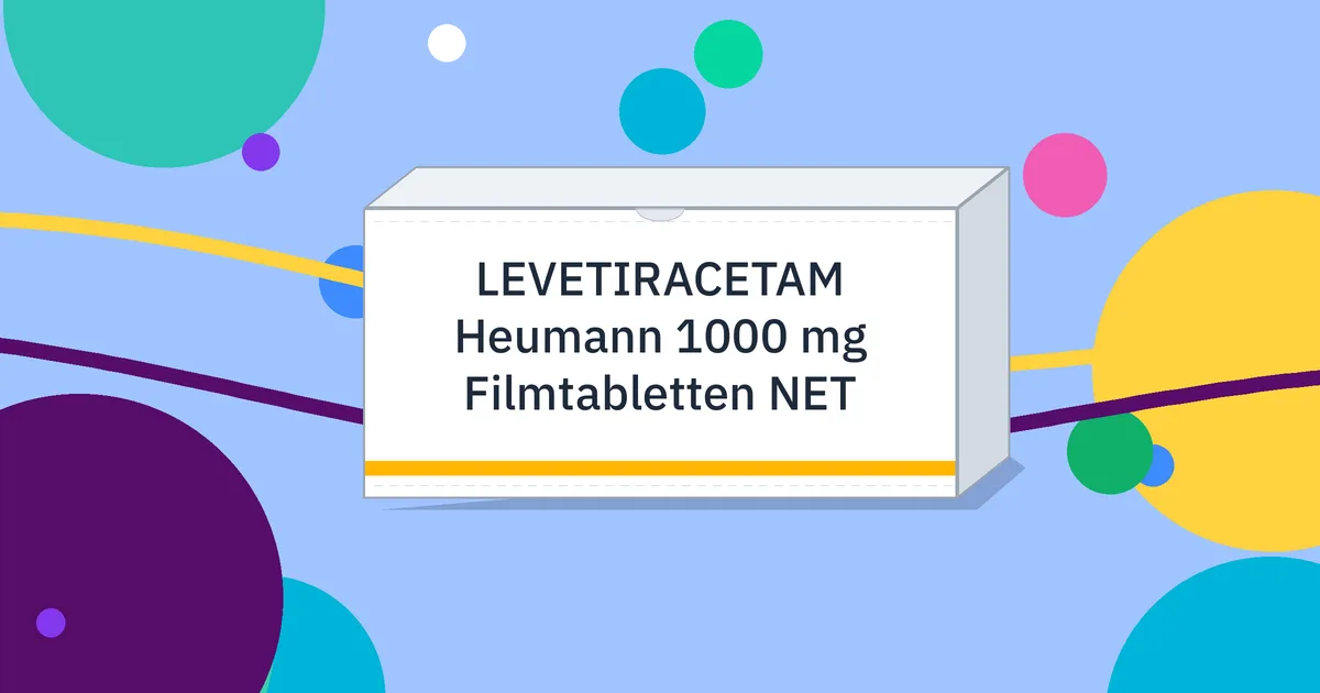 Symbolbild: Packung mit der Aufschrift LEVETIRACETAM Heumann 1000 mg Filmtabletten NET (PZN 16139160) – Verfügbarkeit und Bezug in Apotheken in Frankfurt am Main