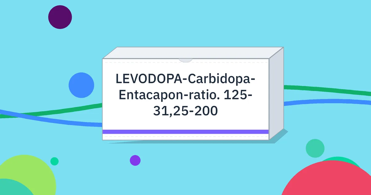 Symbolbild: Packung mit der Aufschrift LEVODOPA-Carbidopa-Entacapon-ratio. 125-31,25-200 (PZN 10221765) – Verfügbarkeit und Bezug in Apotheken in Frankfurt am Main