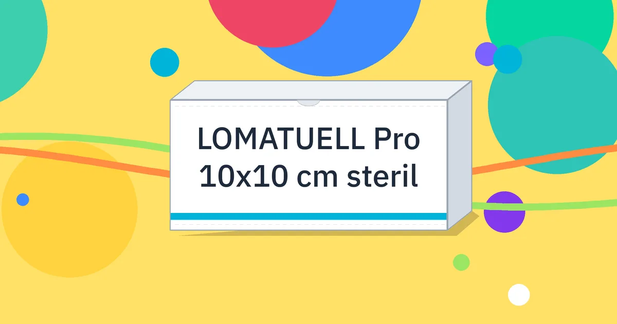 Symbolbild: Packung mit der Aufschrift LOMATUELL Pro 10x10 cm steril (PZN 10713988) – Verfügbarkeit und Bezug in Apotheken in Frankfurt am Main