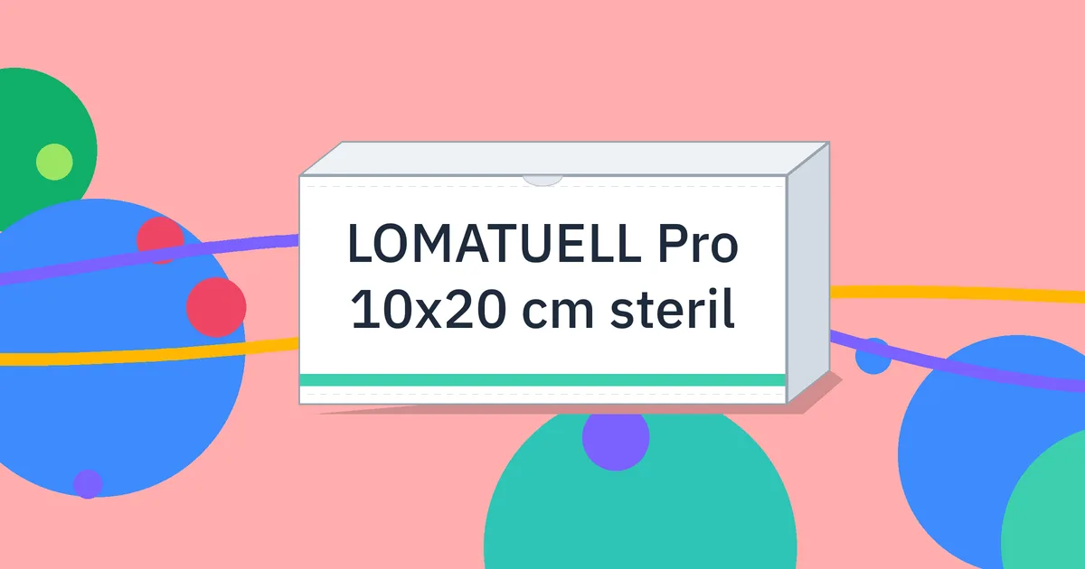 Symbolbild: Packung mit der Aufschrift LOMATUELL Pro 10x20 cm steril (PZN 20933202) – Verfügbarkeit und Bezug in Apotheken in Frankfurt am Main
