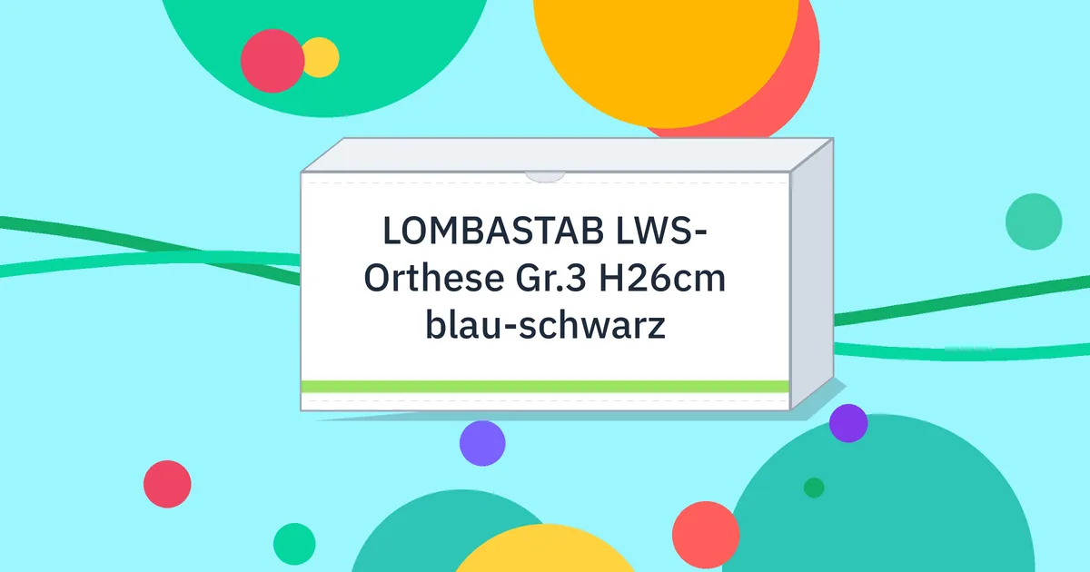 Symbolbild: Packung mit der Aufschrift LOMBASTAB LWS-Orthese Gr.3 H26cm blau-schwarz (PZN 18798151) – Verfügbarkeit und Bezug in Apotheken in Frankfurt am Main