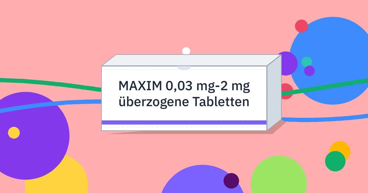 Symbolbild: Packung mit der Aufschrift MAXIM 0,03 mg-2 mg überzogene Tabletten (PZN 06575322) – Verfügbarkeit und Bezug in Apotheken in Frankfurt am Main