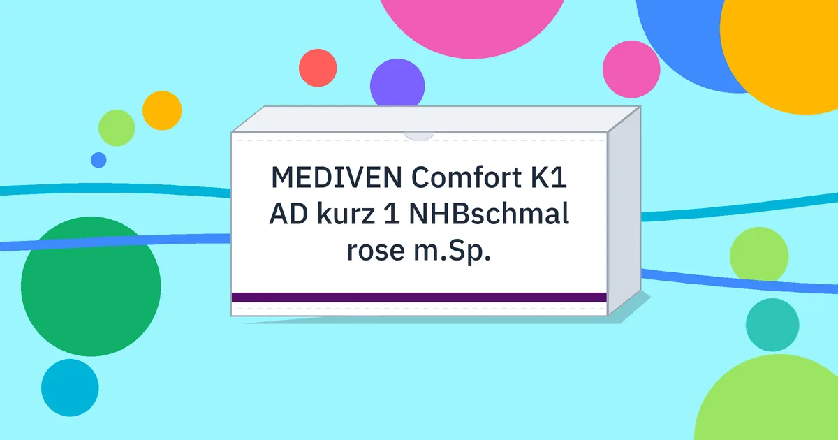 Symbolbild: Packung mit der Aufschrift MEDIVEN Comfort K1 AD kurz 1 NHBschmal rose m.Sp. (PZN 14557611) – Verfügbarkeit und Bezug in Apotheken in Frankfurt am Main