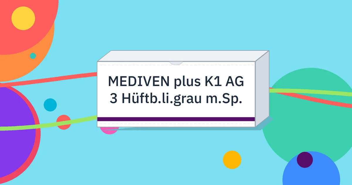 Symbolbild: Packung mit der Aufschrift MEDIVEN plus K1 AG 3 Hüftb.li.grau m.Sp. (PZN 18938445) – Verfügbarkeit und Bezug in Apotheken in Frankfurt am Main