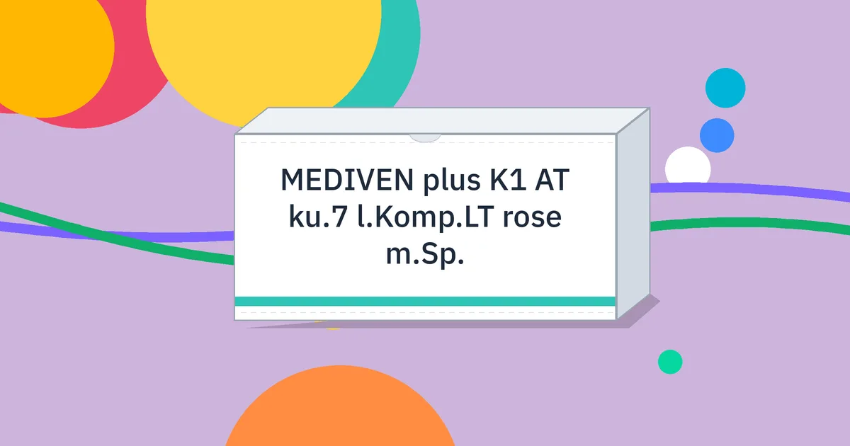 Symbolbild: Packung mit der Aufschrift MEDIVEN plus K1 AT ku.7 l.Komp.LT rose m.Sp. (PZN 15029328) – Verfügbarkeit und Bezug in Apotheken in Frankfurt am Main