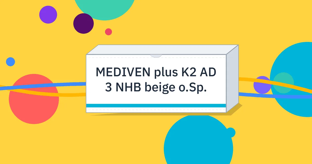Symbolbild: Packung mit der Aufschrift MEDIVEN plus K2 AD 3 NHB beige o.Sp. (PZN 15937132) – Verfügbarkeit und Bezug in Apotheken in Frankfurt am Main