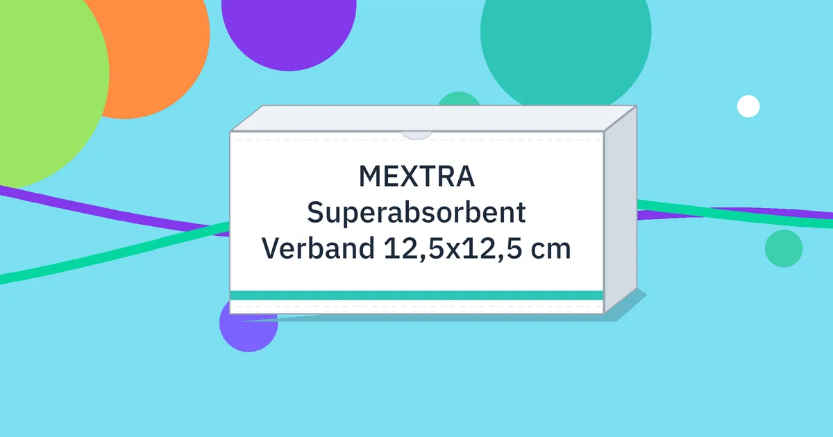 Symbolbild: Packung mit der Aufschrift MEXTRA Superabsorbent Verband 12,5x12,5 cm (PZN 17452433) – Verfügbarkeit und Bezug in Apotheken in Frankfurt am Main