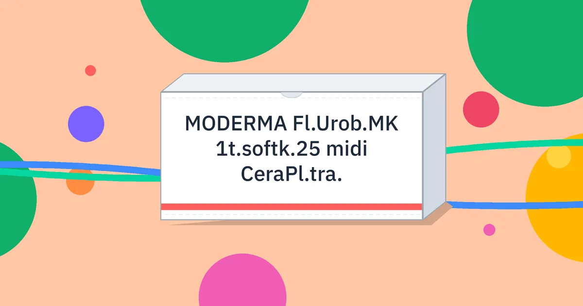 Symbolbild: Packung mit der Aufschrift MODERMA Fl.Urob.MK 1t.softk.25 midi CeraPl.tra. (PZN 18109298) – Verfügbarkeit und Bezug in Apotheken in Frankfurt am Main