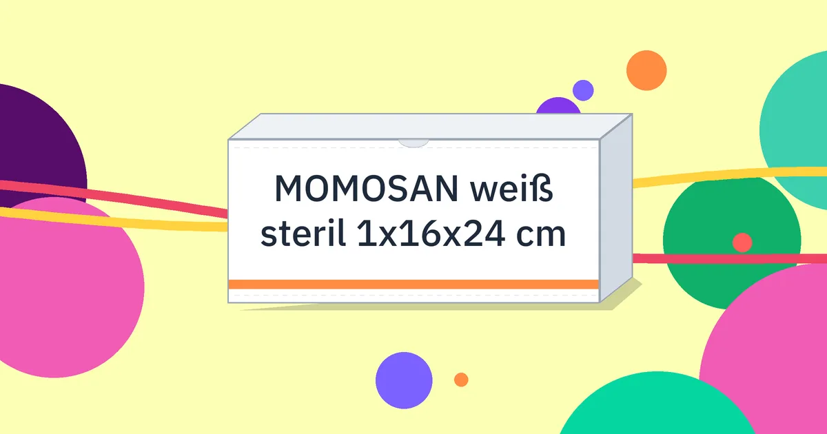 Symbolbild: Packung mit der Aufschrift MOMOSAN weiß steril 1x16x24 cm (PZN 02408426) – Verfügbarkeit und Bezug in Apotheken in Frankfurt am Main