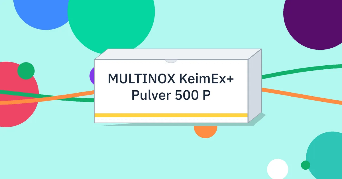 Symbolbild: Packung mit der Aufschrift MULTINOX KeimEx+ Pulver 500 P (PZN 15396854) – Verfügbarkeit und Bezug in Apotheken in Frankfurt am Main