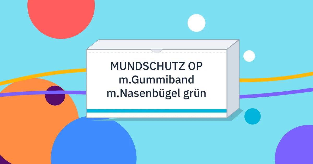 Symbolbild: Packung mit der Aufschrift MUNDSCHUTZ OP m.Gummiband m.Nasenbügel grün (PZN 09301743) – Verfügbarkeit und Bezug in Apotheken in Frankfurt am Main