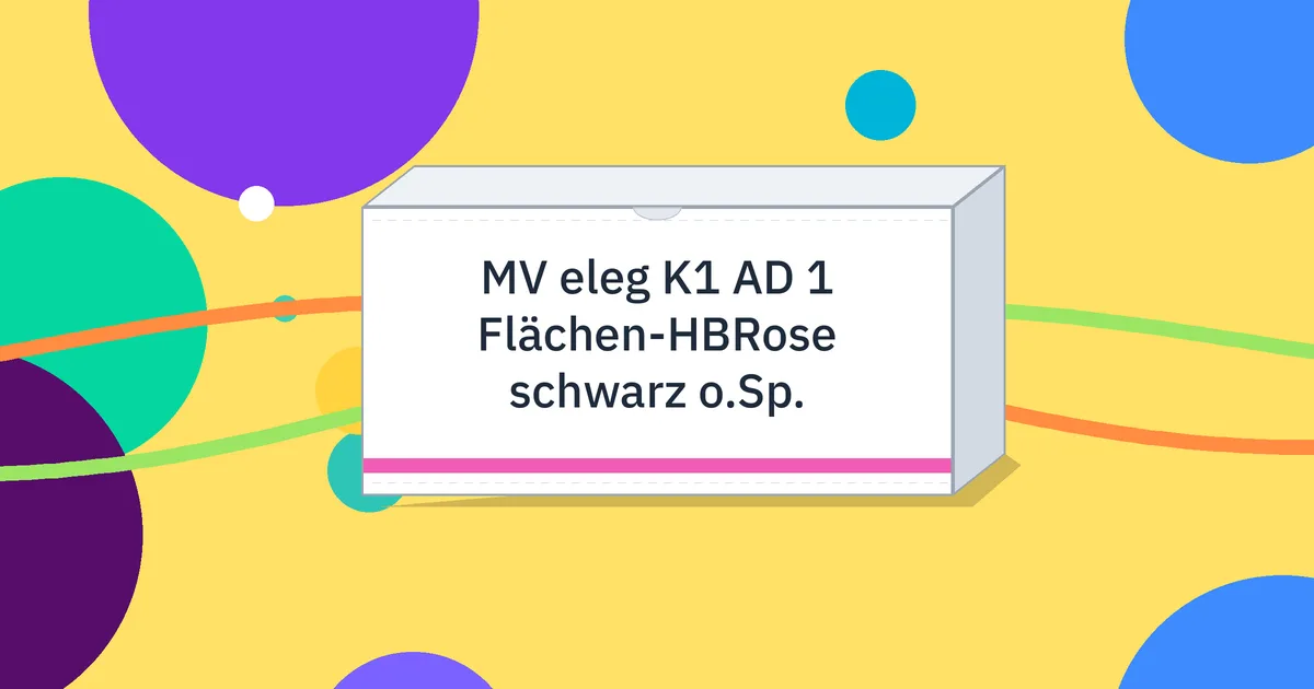 Symbolbild: Packung mit der Aufschrift MV eleg K1 AD 1 Flächen-HBRose schwarz o.Sp. (PZN 15667336) – Verfügbarkeit und Bezug in Apotheken in Frankfurt am Main