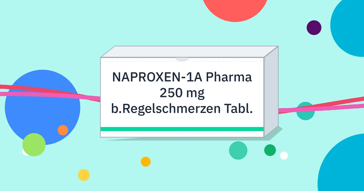 Symbolbild: Packung mit der Aufschrift NAPROXEN-1A Pharma 250 mg b.Regelschmerzen Tabl. (PZN 09245016) – Verfügbarkeit und Bezug in Apotheken in Frankfurt am Main